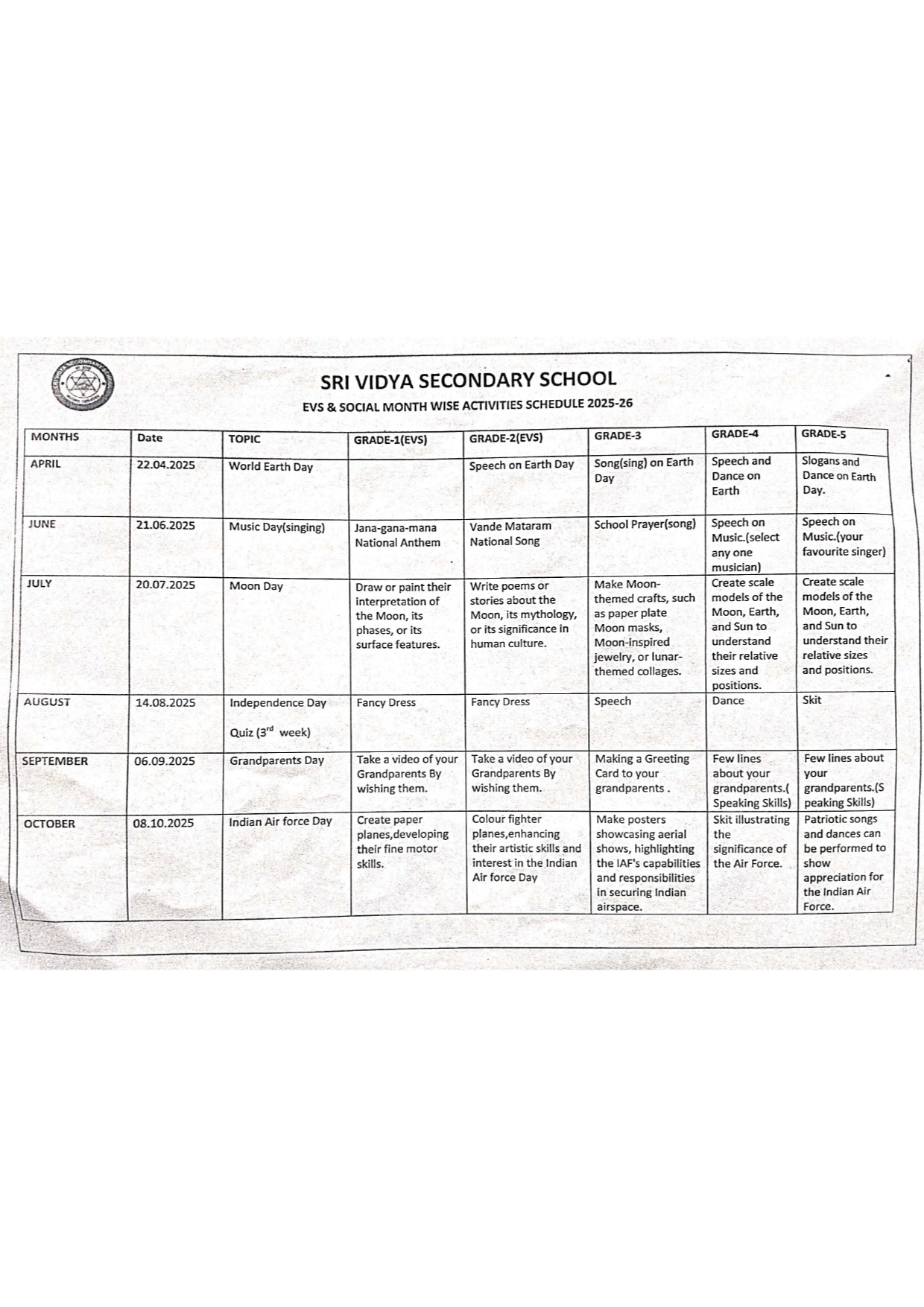 SRI VIDYA SECONDARY SCHOOL | Academic Calendar