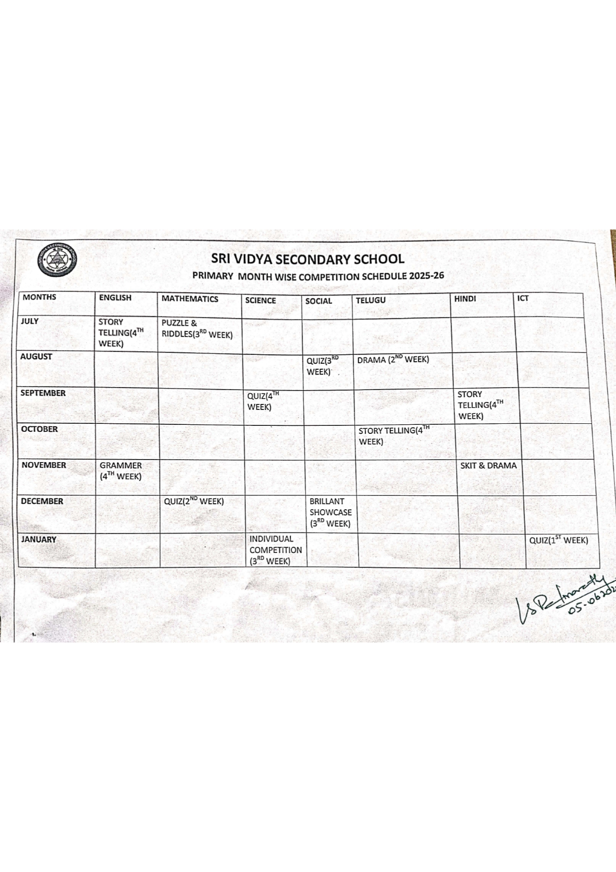 SRI VIDYA SECONDARY SCHOOL | Academic Calendar
